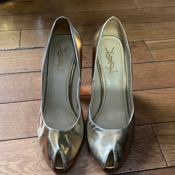 Shoes | Ysl Womens Gold Peep Toe Platform Metallic Sandal Platform Pump Sz 375 Us 75 | Poshmark